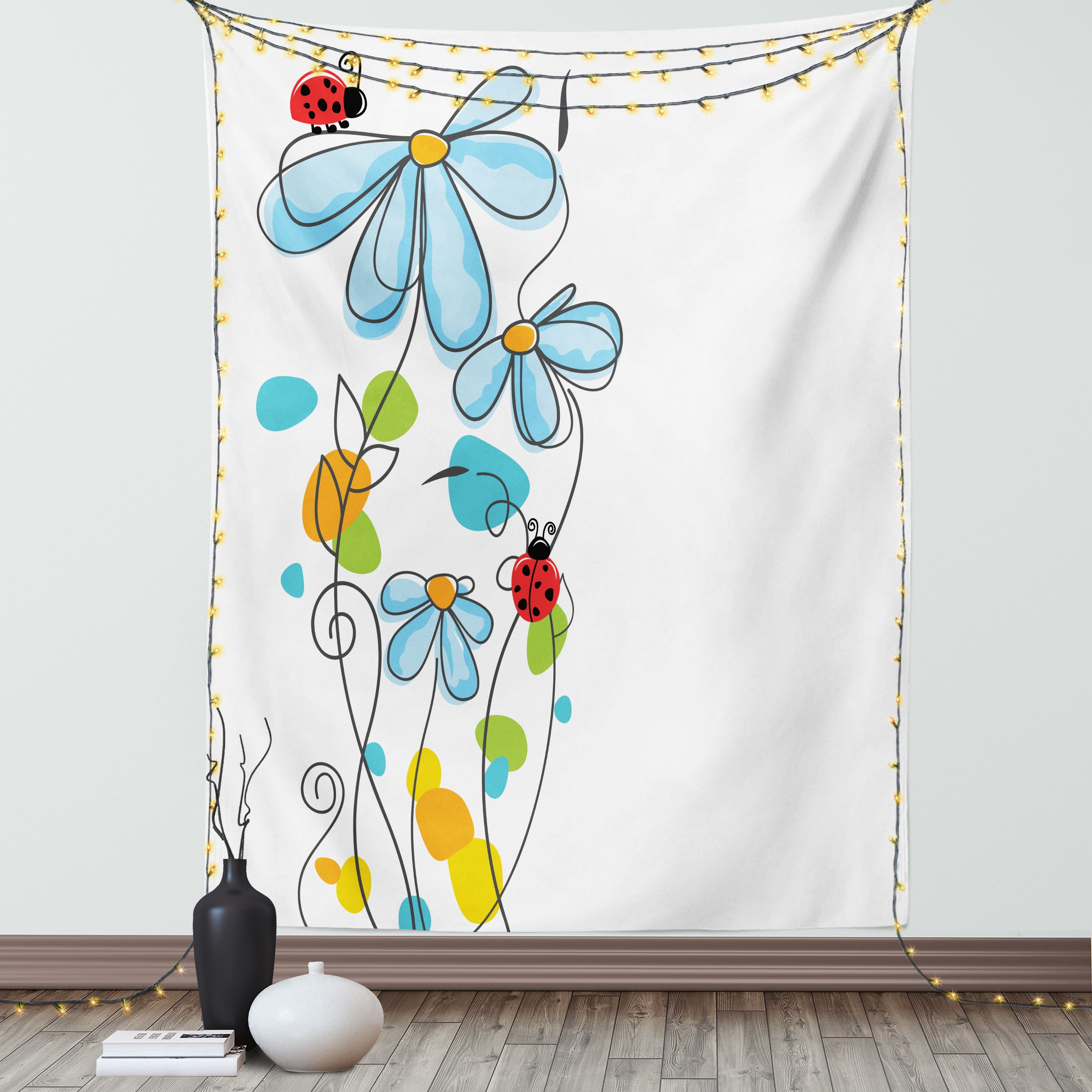 Ladybugs Tapestry, Flowers and Oval Dome-Shaped Ladybugs Illustration ...