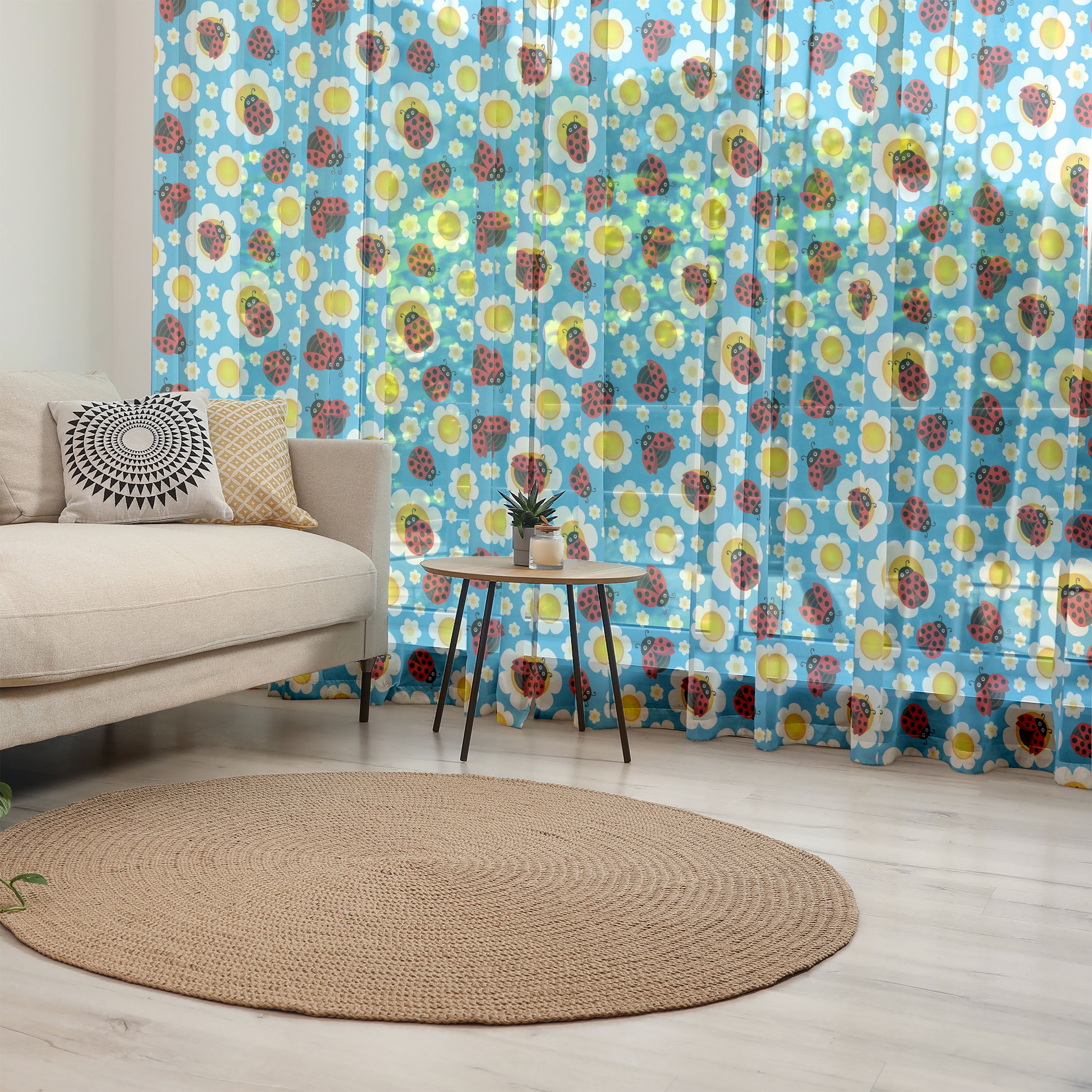 Ladybugs Tulle Curtains with Rod Pocket, Abstract Daisies with Dotted ...