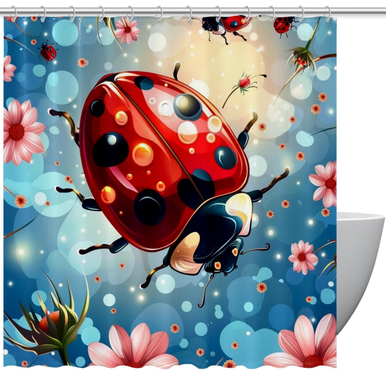 Ladybugs Waterproof Printed Shower Curtain Set with Hooks for Bathroom ...