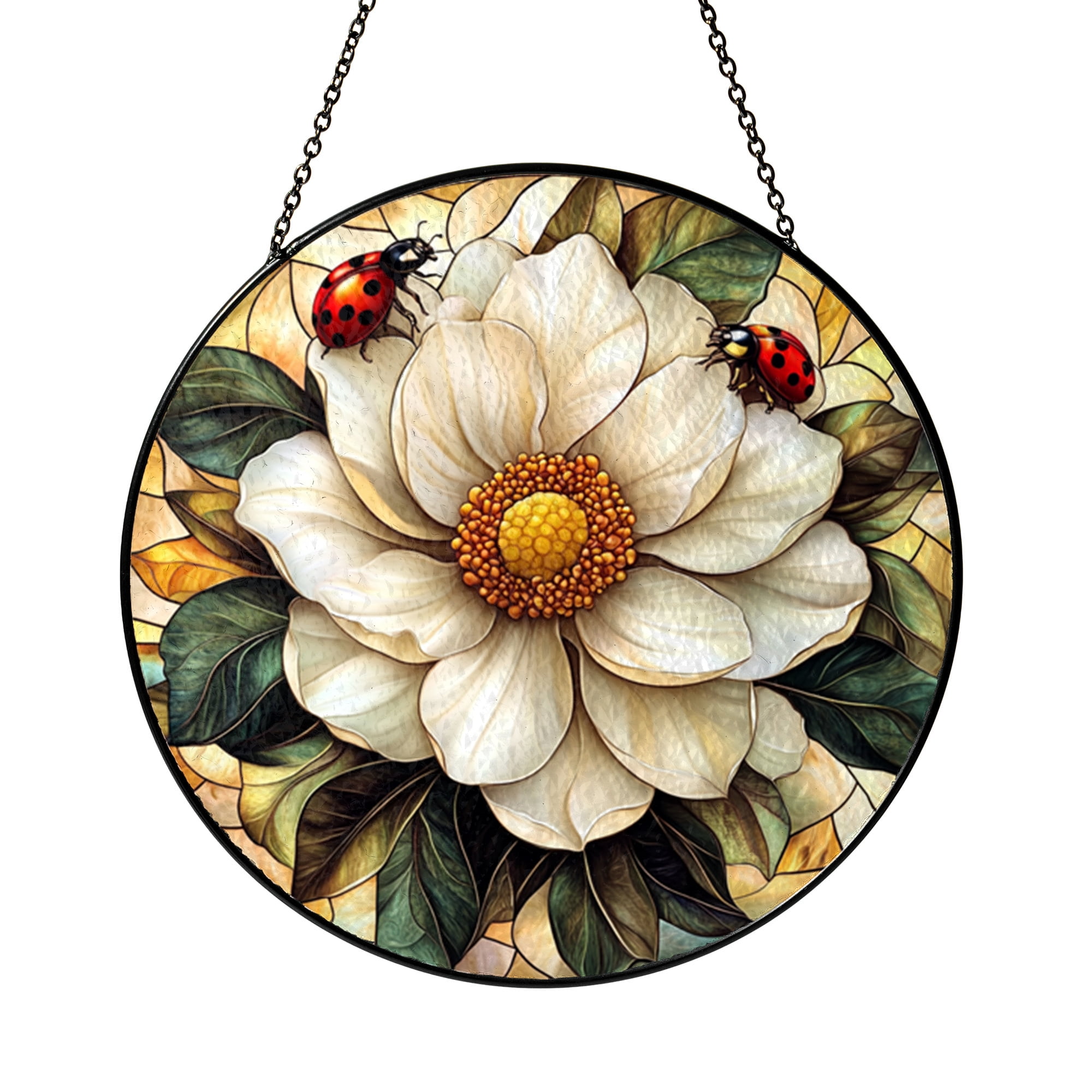 Ladybugs and Flower Stained Glass Suncatcher – Floral Window Hanging ...