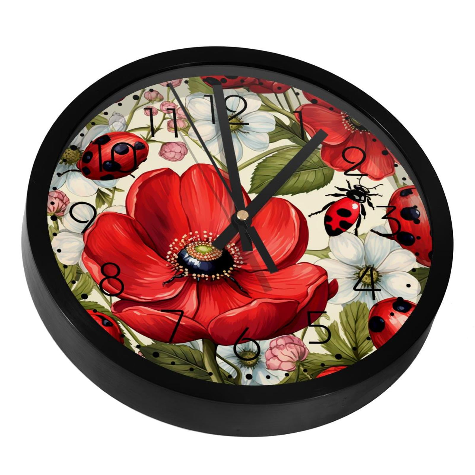 Ladybugs on Blossom Poppy Silent Wall Clock, Non Ticking Battery ...