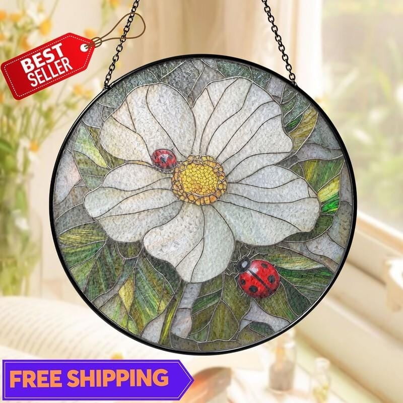 Ladybugs on White Flower Suncatcher, Glass-Effect Window Hanging ...