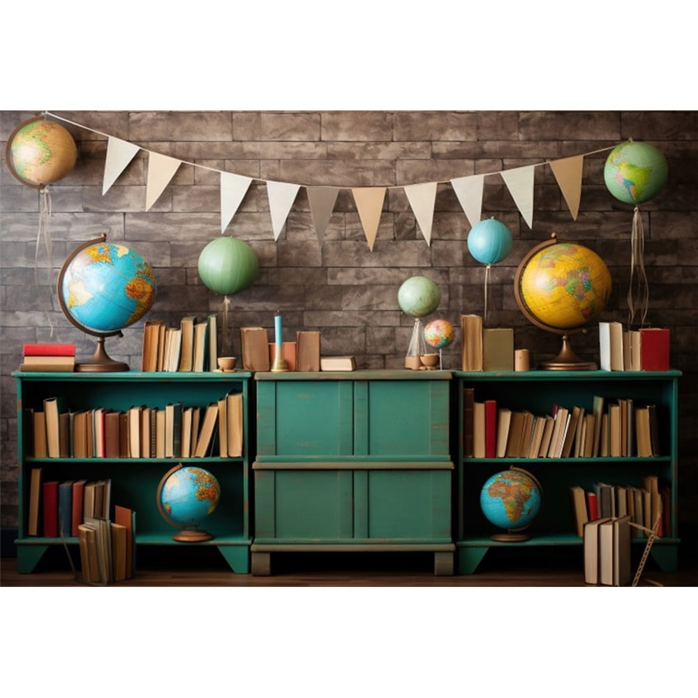 Laeacco Airplane Log Cabin Backdrop Globe Book Wooden Plank Lighted ...