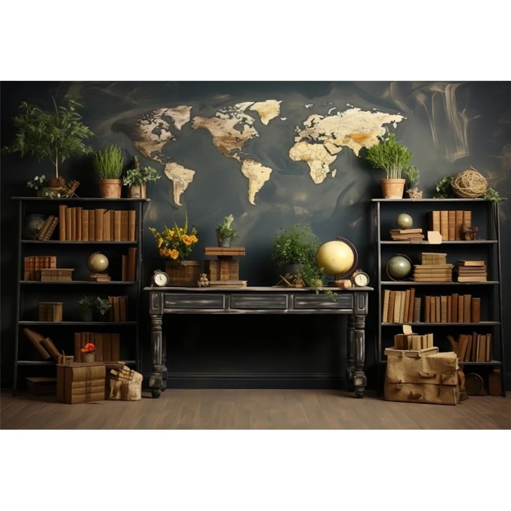 Laeacco Airplane Log Cabin Backdrop Globe Book Wooden Plank Lighted ...