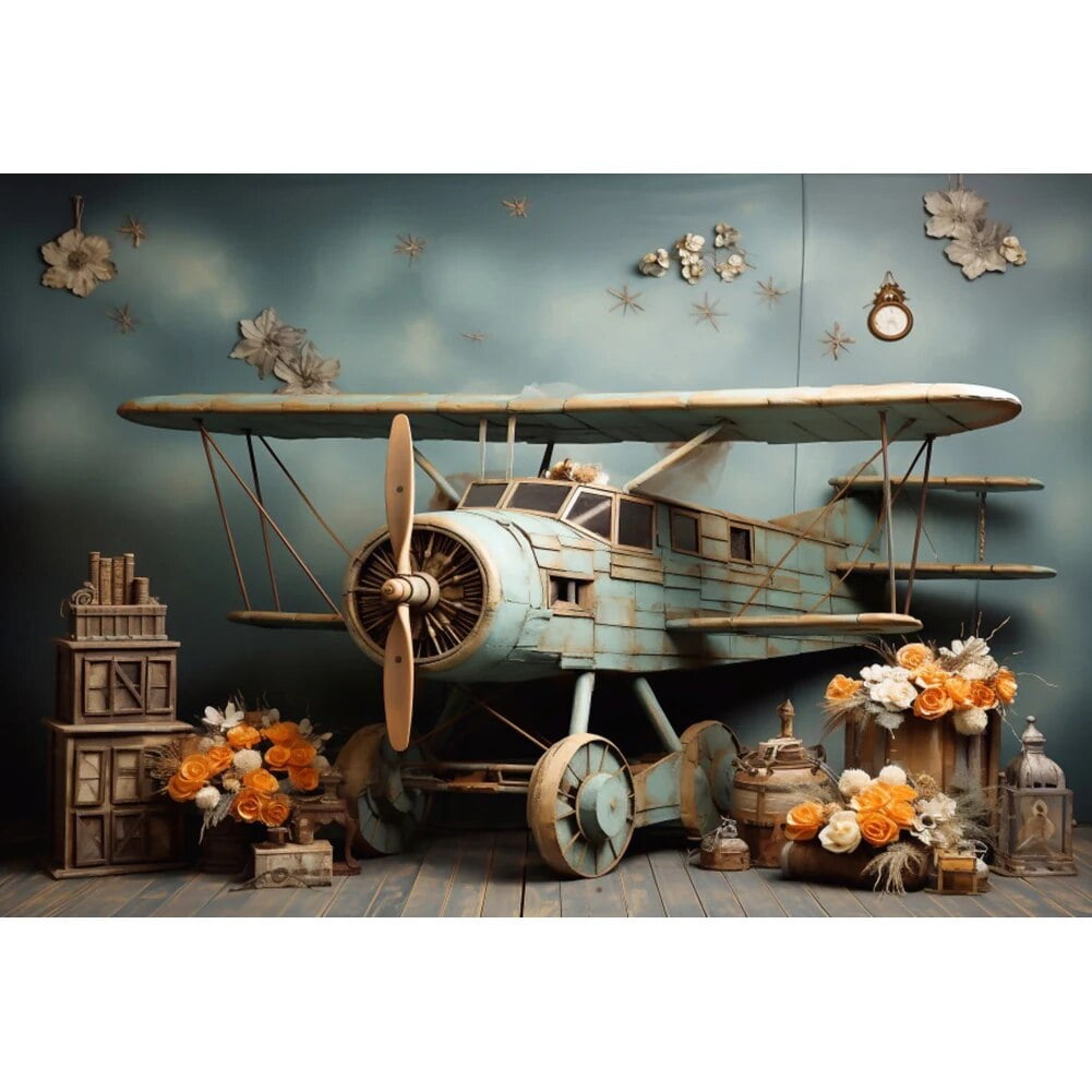 Laeacco Airplane Log Cabin Backdrop Globe Book Wooden Plank Lighted ...