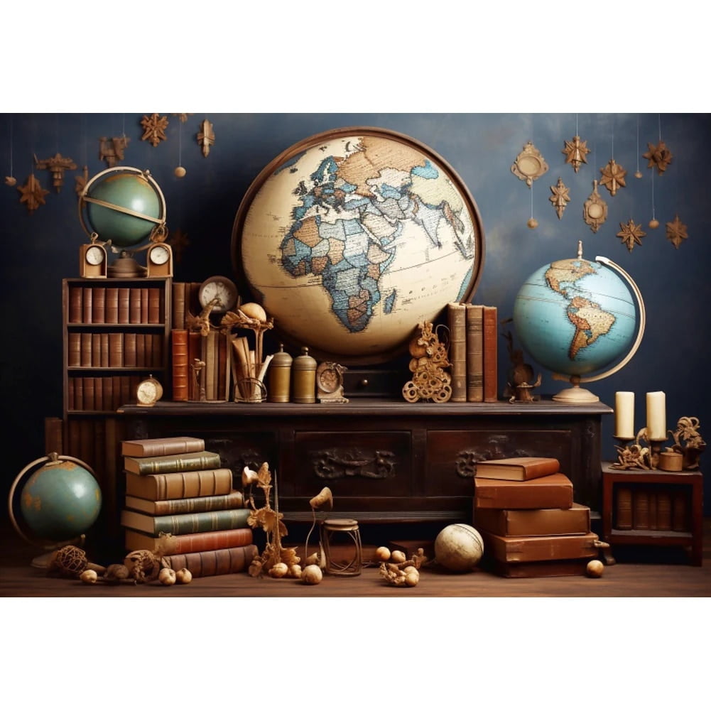 Laeacco Airplane Log Cabin Backdrop Globe Book Wooden Plank Lighted ...
