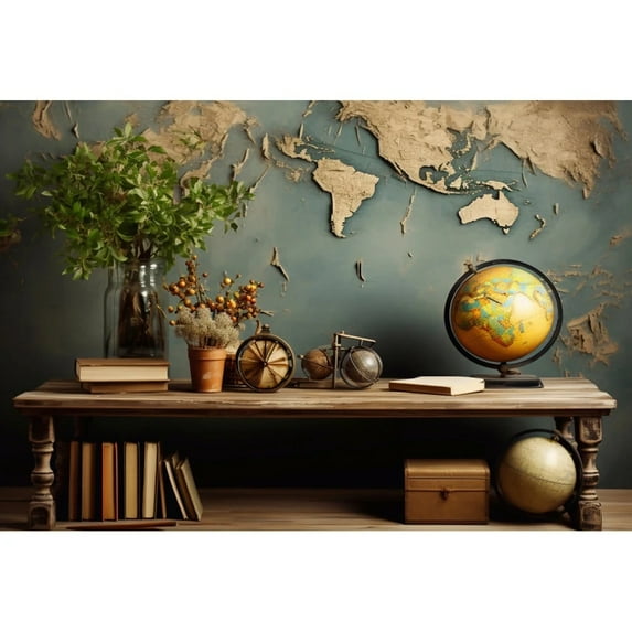 Laeacco Airplane Log Cabin Backdrop Globe Book Wooden Plank Lighted ...