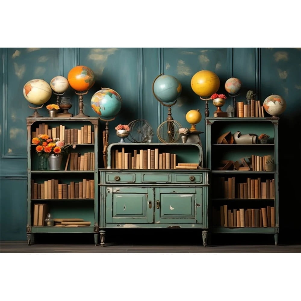 Laeacco Airplane Log Cabin Backdrop Globe Book Wooden Plank Lighted ...