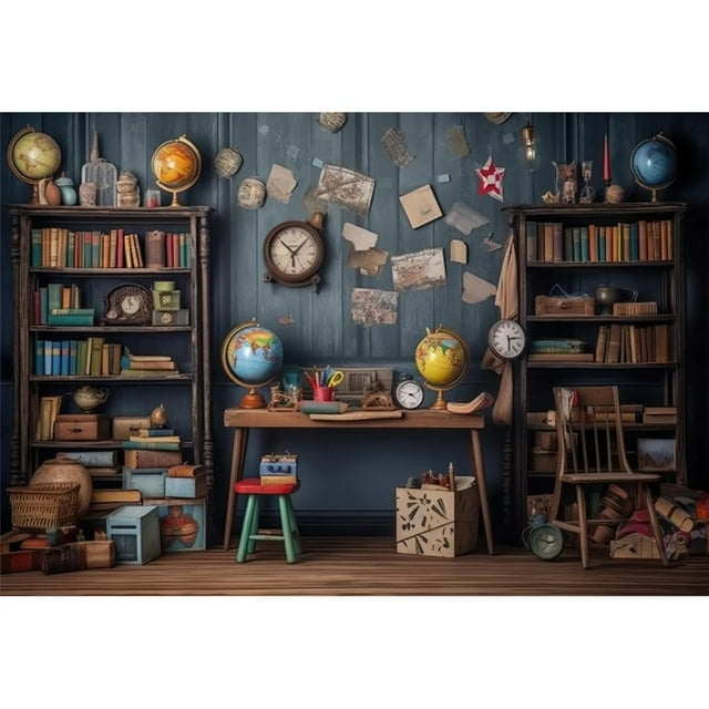 Laeacco Airplane Log Cabin Backdrop Globe Book Wooden Plank Lighted ...