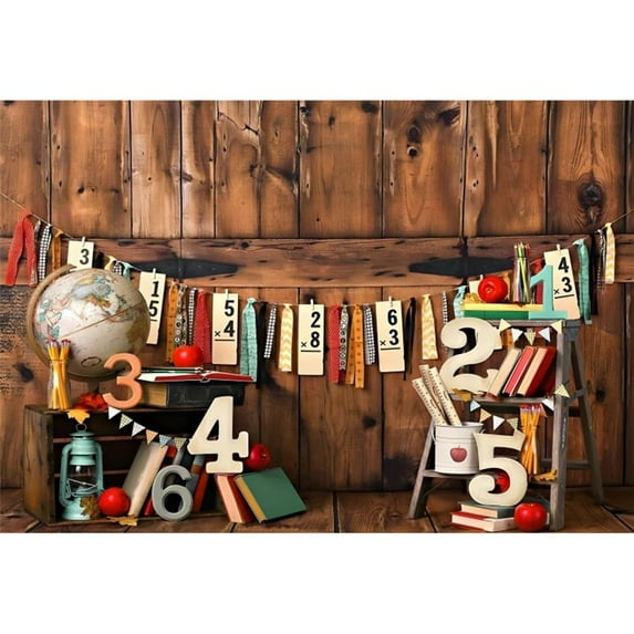 Laeacco Airplane Log Cabin Backdrop Globe Book Wooden Plank Lighted ...