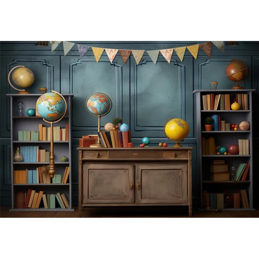 Laeacco Airplane Log Cabin Backdrop Globe Book Wooden Plank Lighted ...