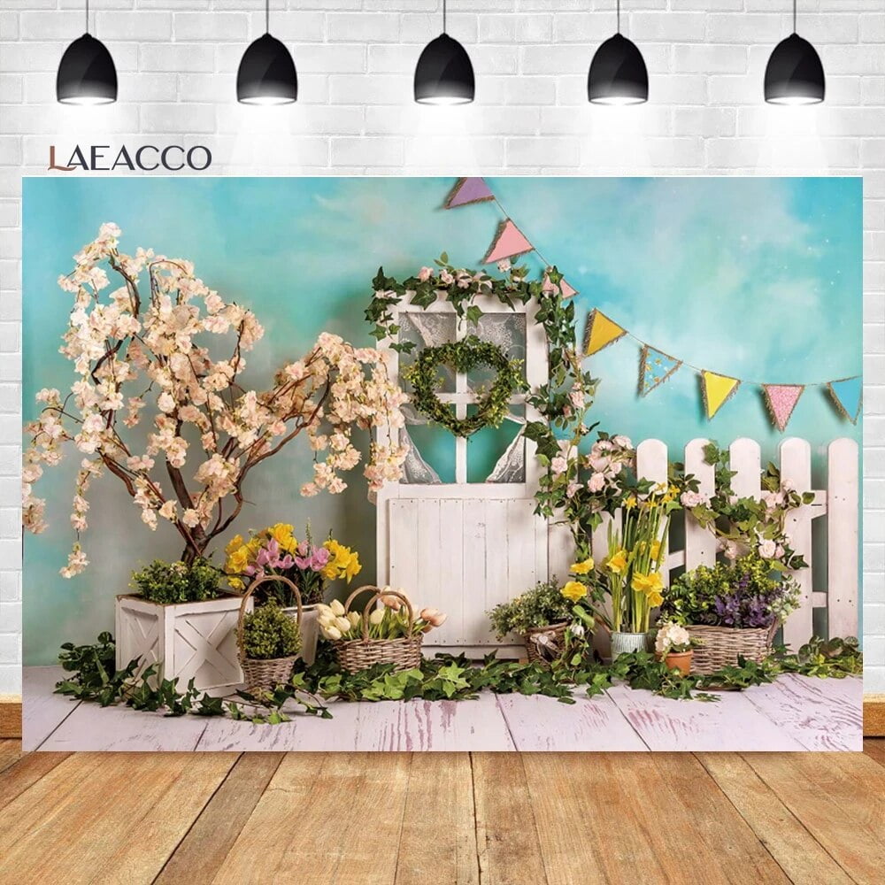 Laeacco Baby Birthday Photo Backgrounds Blue Balloons Clouds Flags ...