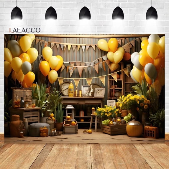 Laeacco Baby Birthday Photo Backgrounds Blue Balloons Clouds Flags ...