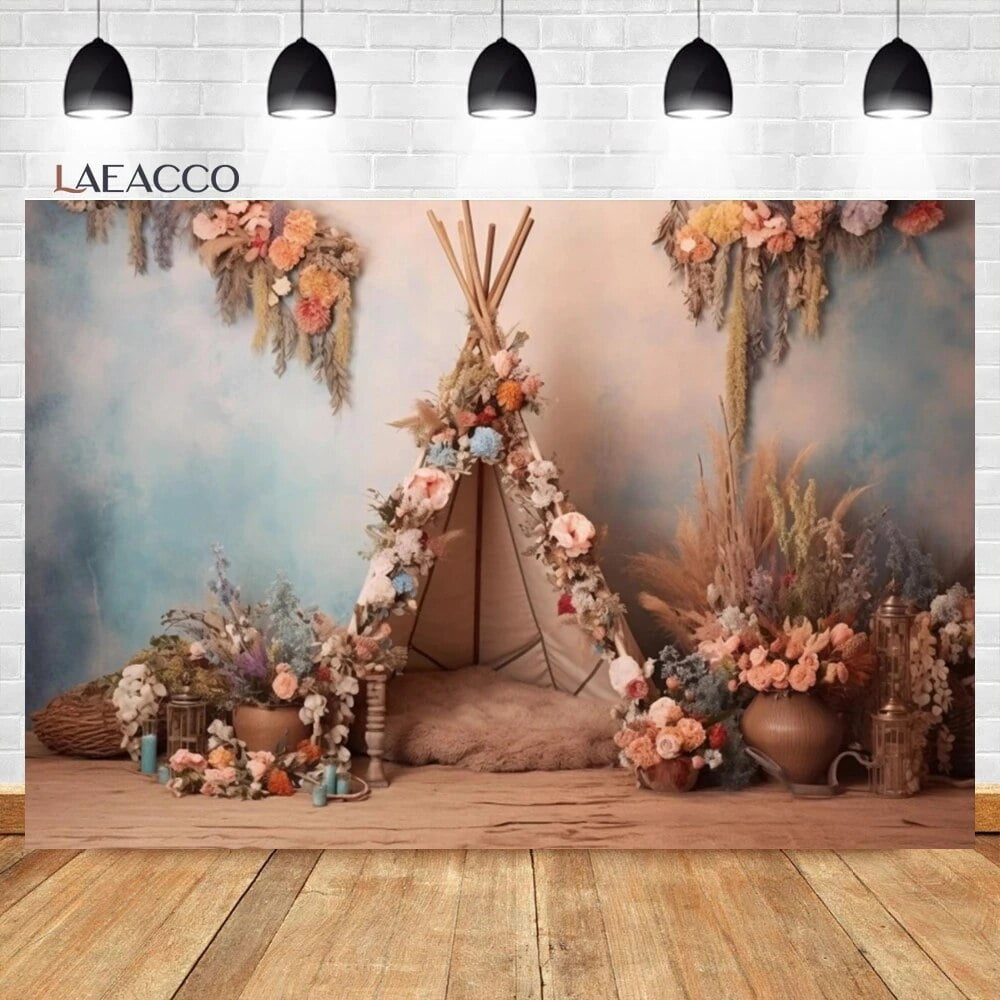 Laeacco Baby Birthday Photo Backgrounds Blue Balloons Clouds Flags ...