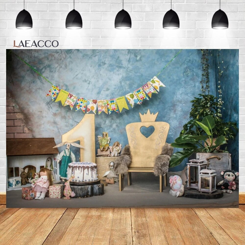 Laeacco Baby Birthday Photo Backgrounds Blue Balloons Clouds Flags ...