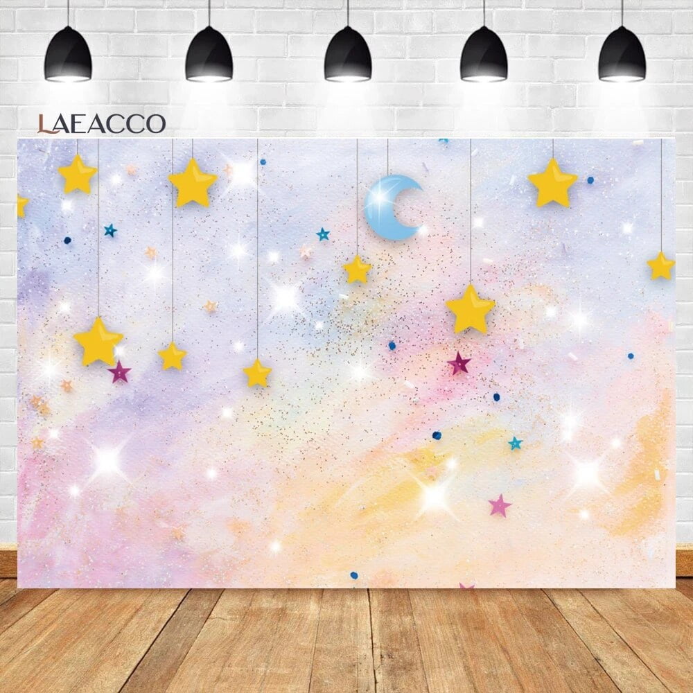 Laeacco Baby Shower Backgrounds Blue Sky White Clouds Stars Flowers ...