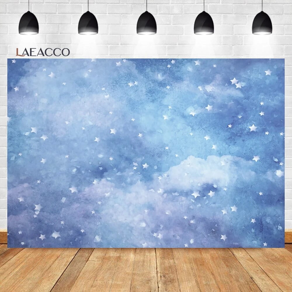 Laeacco Baby Shower Backgrounds Blue Sky White Clouds Stars Flowers ...