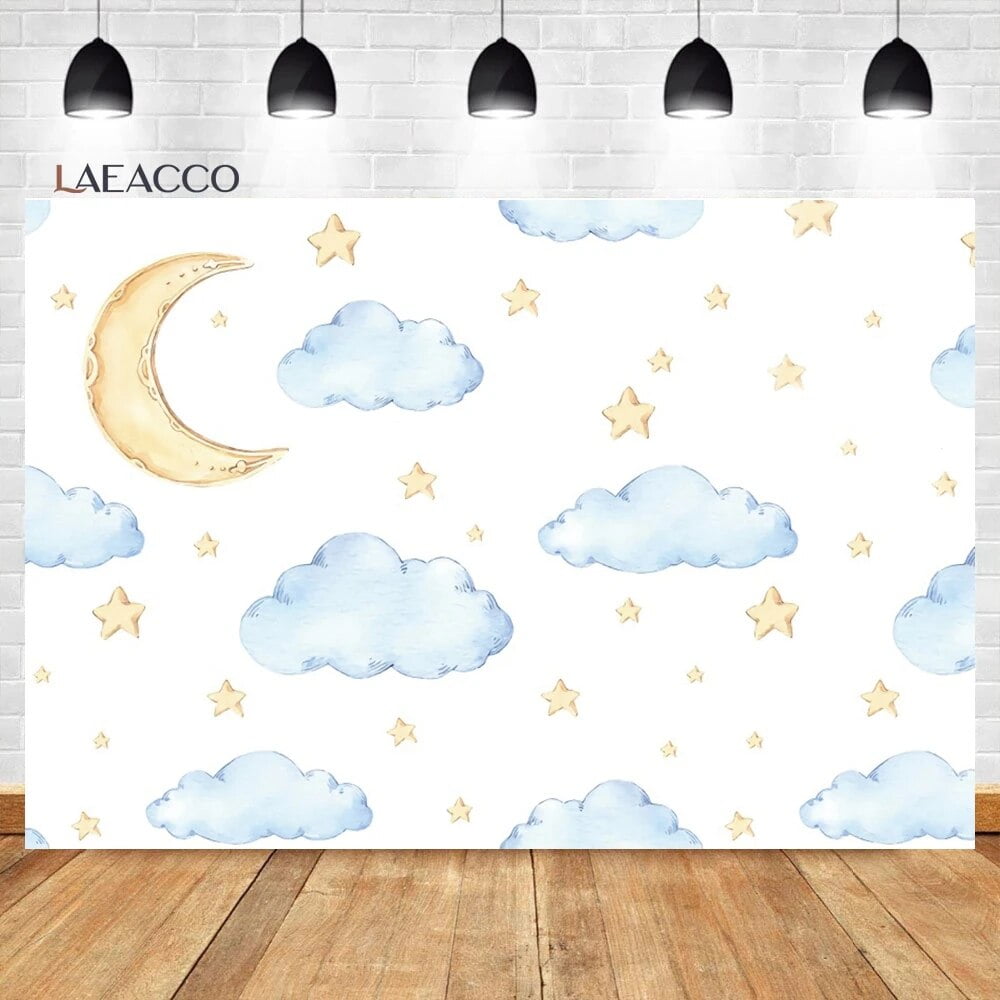 Laeacco Baby Shower Backgrounds Blue Sky White Clouds Stars Flowers ...