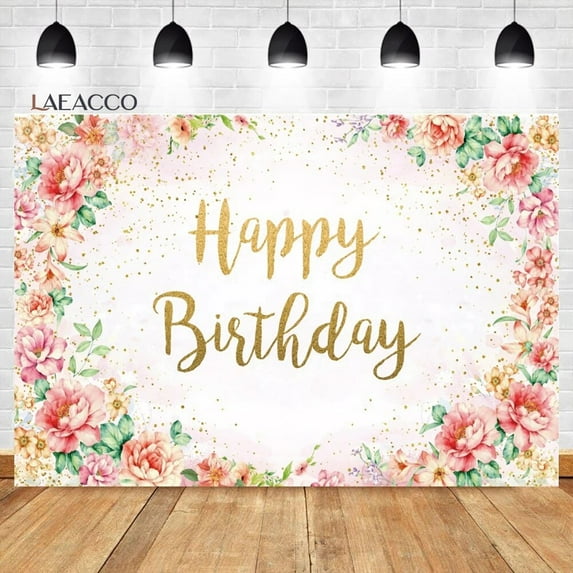 Laeacco Burgundy Floral Happy Birthday Backdrop Rose Gold Glitter Bokeh ...