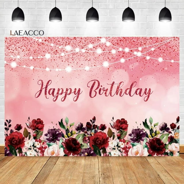 Laeacco Burgundy Floral Happy Birthday Backdrop Rose Gold Glitter Bokeh Spots Women Portrait ...