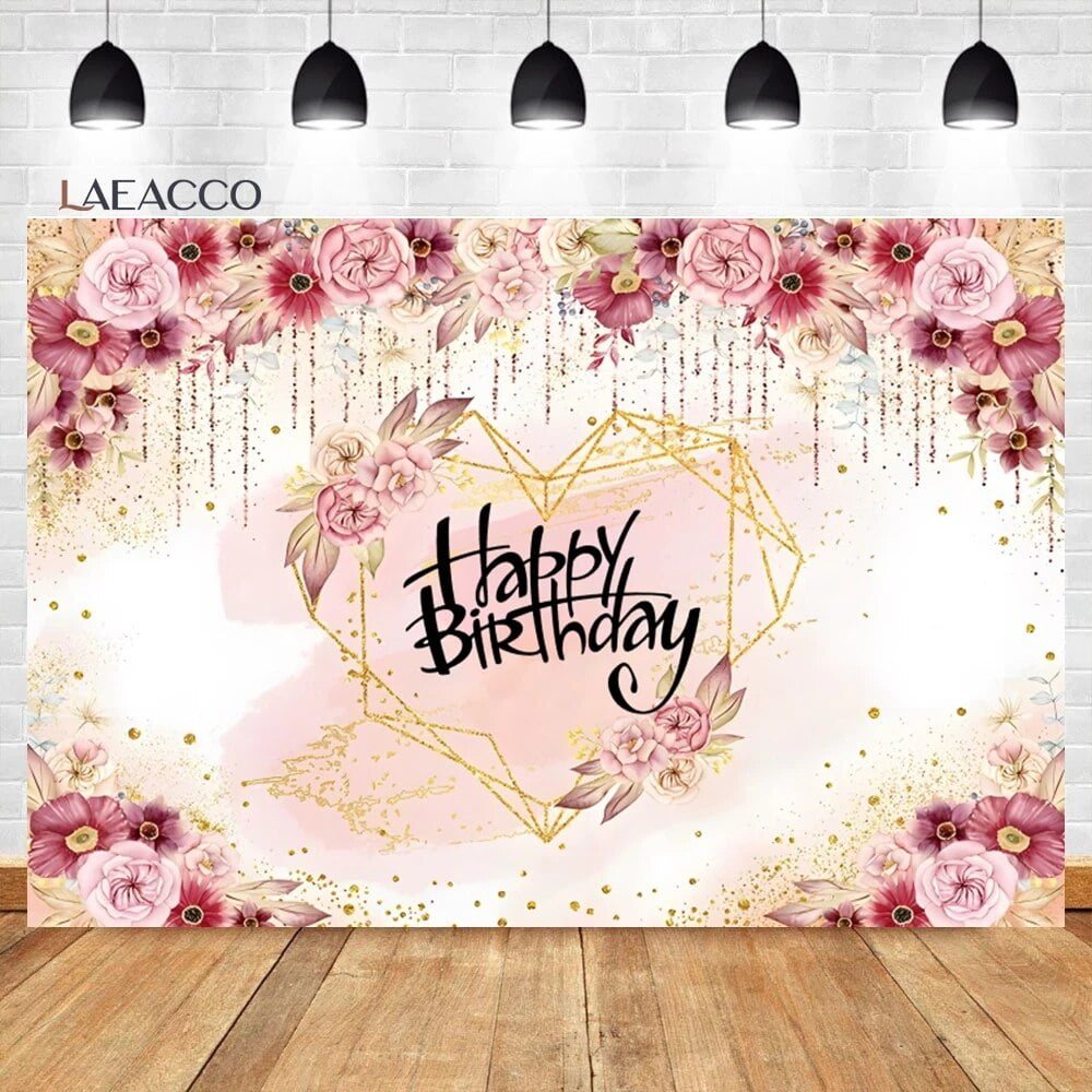 Laeacco Burgundy Floral Happy Birthday Backdrop Rose Gold Glitter Bokeh ...