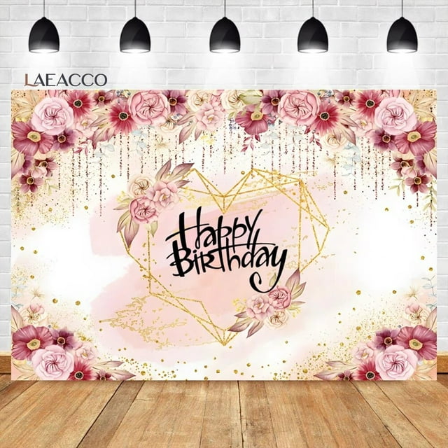 Laeacco Burgundy Floral Happy Birthday Backdrop Rose Gold Glitter Bokeh Spots Women Portrait ...