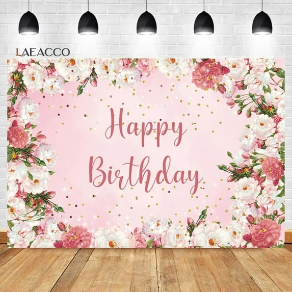 Laeacco Burgundy Floral Happy Birthday Backdrop Rose Gold Glitter Bokeh ...