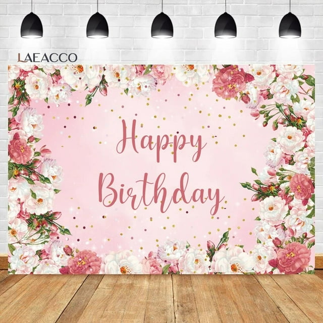 Laeacco Burgundy Floral Happy Birthday Backdrop Rose Gold Glitter Bokeh Spots Women Portrait ...