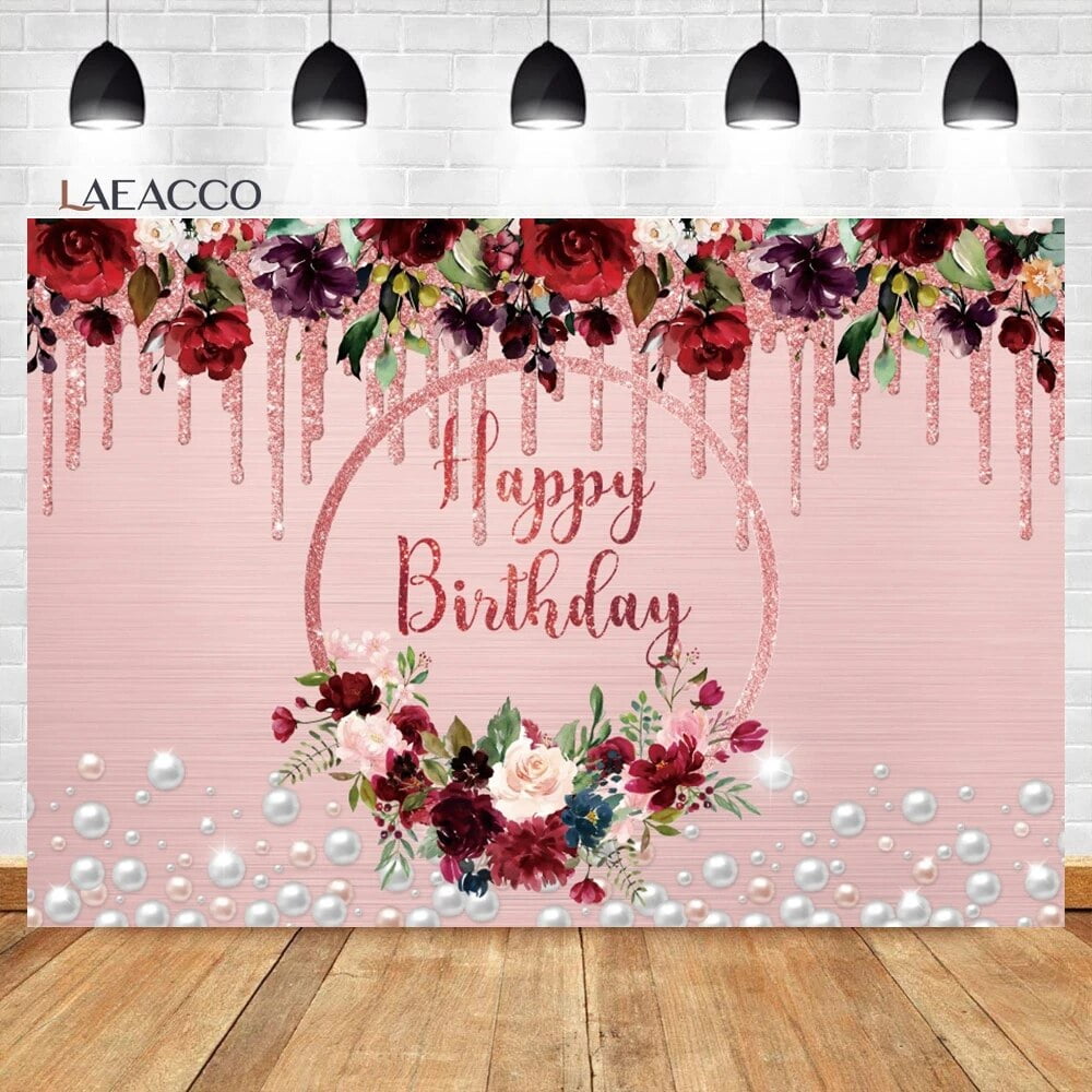 Laeacco Burgundy Floral Happy Birthday Backdrop Rose Gold Glitter Bokeh ...