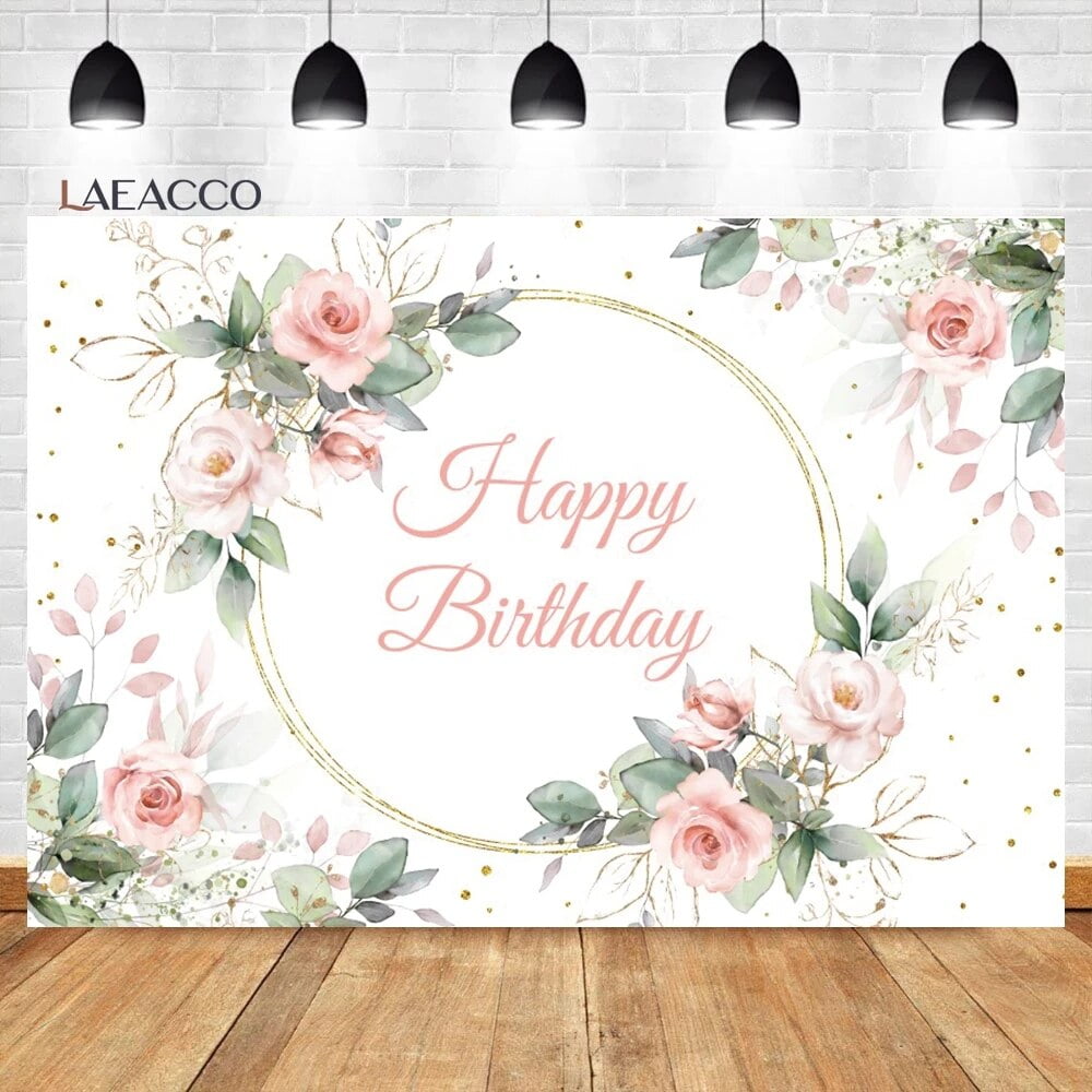 Laeacco Burgundy Floral Happy Birthday Backdrop Rose Gold Glitter Bokeh ...