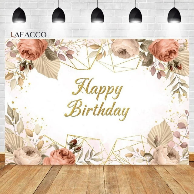 Laeacco Burgundy Floral Happy Birthday Backdrop Rose Gold Glitter Bokeh Spots Women Portrait ...