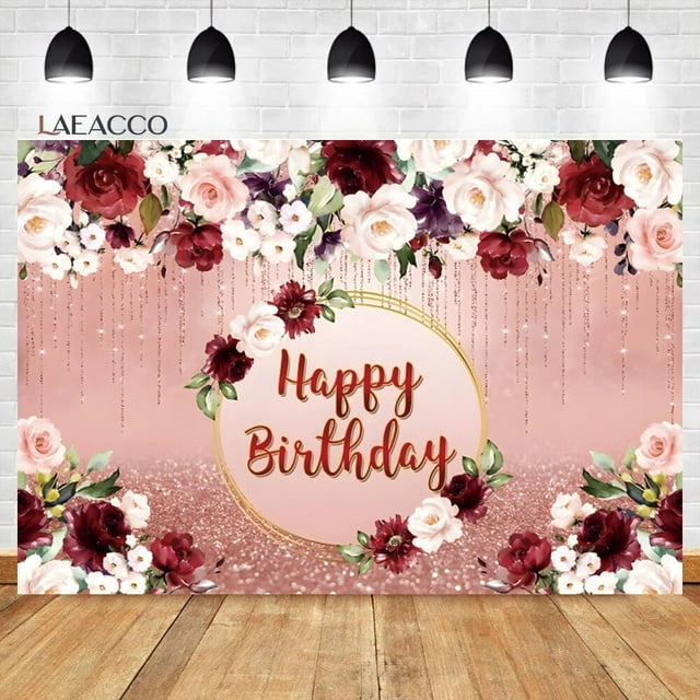 Laeacco Burgundy Floral Happy Birthday Backdrop Rose Gold Glitter Bokeh Spots Women Portrait ...