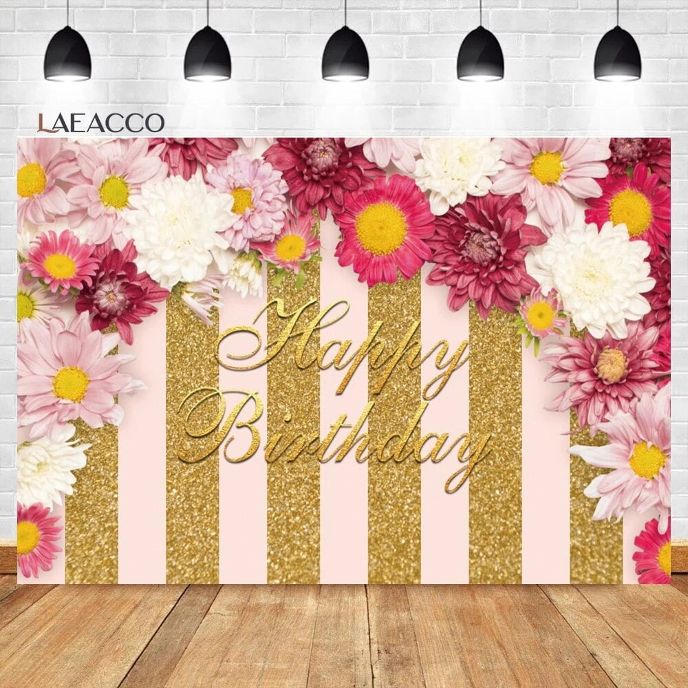 Laeacco Burgundy Floral Happy Birthday Backdrop Rose Gold Glitter Bokeh ...
