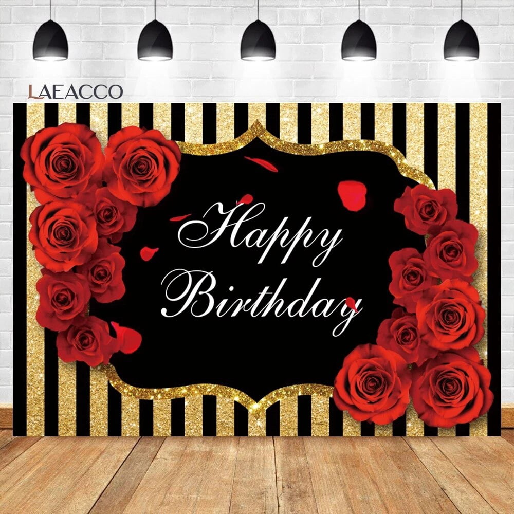 Laeacco Burgundy Floral Happy Birthday Backdrop Rose Gold Glitter Bokeh ...