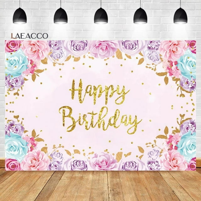 Laeacco Burgundy Floral Happy Birthday Backdrop Rose Gold Glitter Bokeh Spots Women Portrait ...