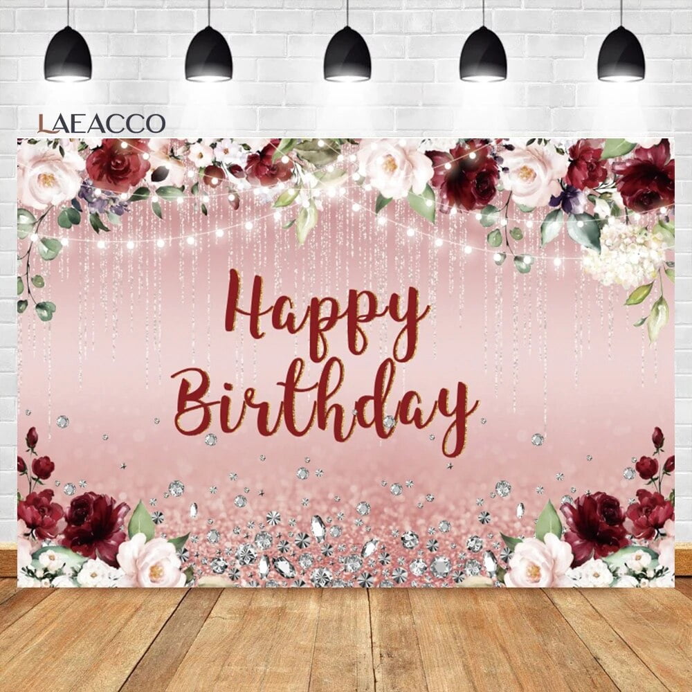 Laeacco Burgundy Floral Happy Birthday Backdrop Rose Gold Glitter Bokeh ...