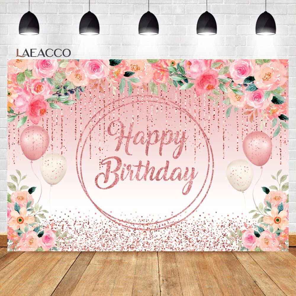 Laeacco Burgundy Floral Happy Birthday Backdrop Rose Gold Glitter Bokeh Spots Women Portrait ...