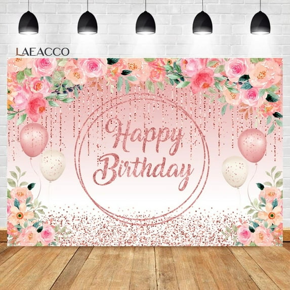 Laeacco Burgundy Floral Happy Birthday Backdrop Rose Gold Glitter Bokeh Spots Women Portrait ...