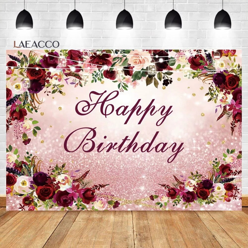 Laeacco Burgundy Floral Happy Birthday Backdrop Rose Gold Glitter Bokeh ...
