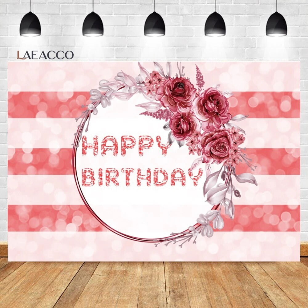 Laeacco Burgundy Floral Happy Birthday Backdrop Rose Gold Glitter Bokeh Spots Women Portrait ...