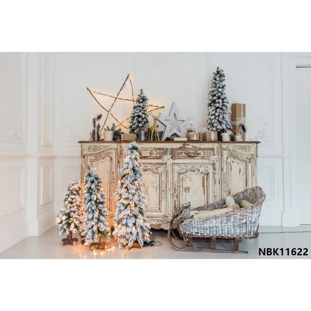 Laeacco Christmas Tree Wood Cabinet Gifts Stars Sled Interior Decor ...