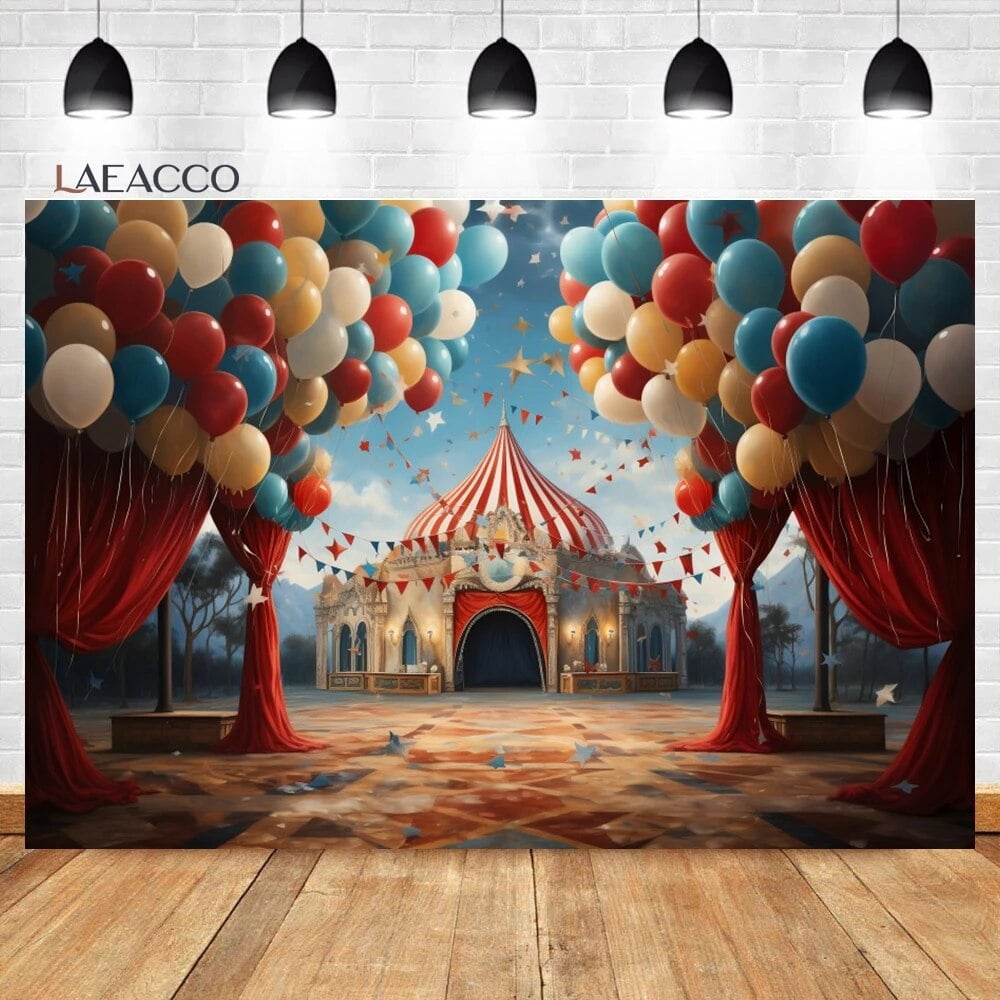 Laeacco Circus Photography Backdrop Red White Curtain String Lights ...