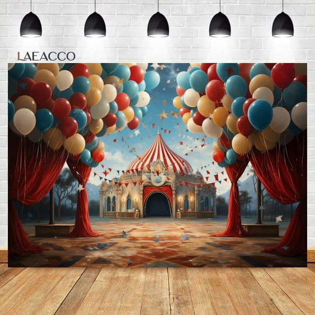 Laeacco Circus Photography Backdrop Red White Curtain String Lights ...