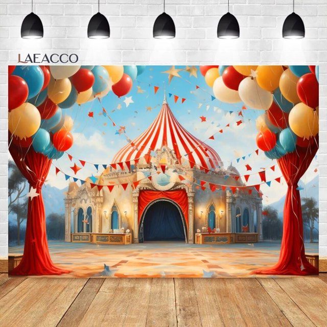 Laeacco Circus Photography Backdrop Red White Curtain String Lights ...