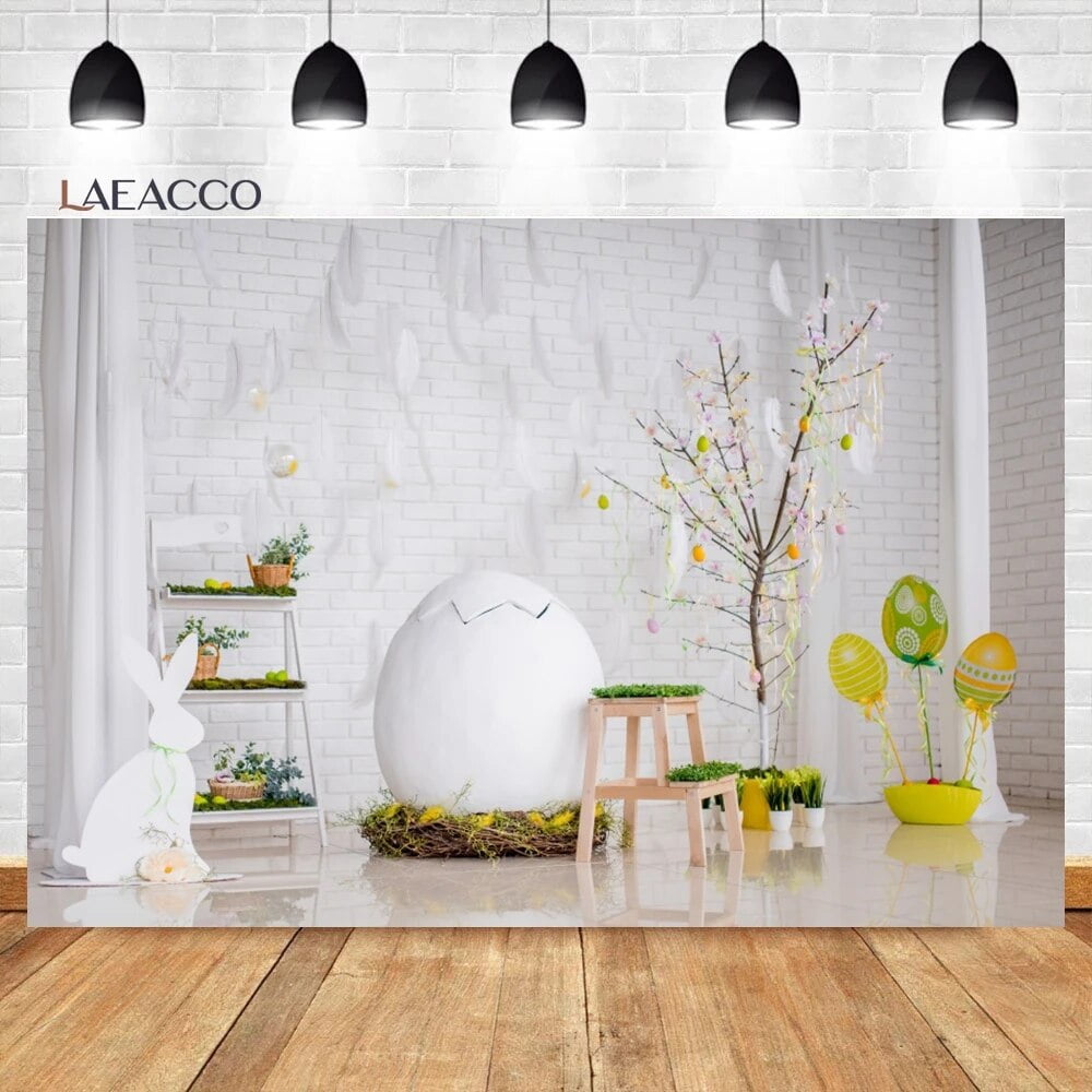 Laeacco Easter Backgrounds Wooden House Green Grass Flowers Easter Eggs ...