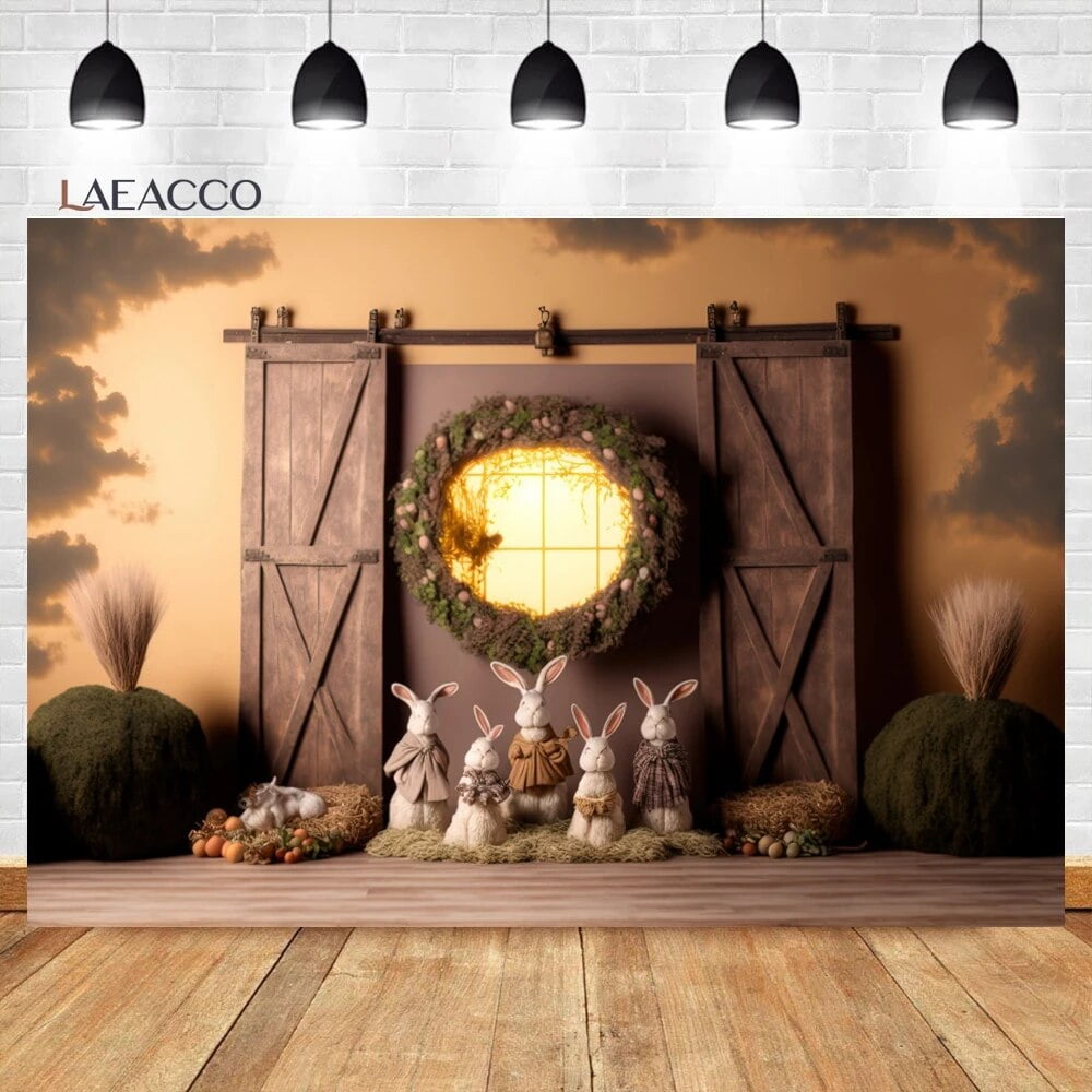 Laeacco Easter Backgrounds Wooden House Green Grass Flowers Easter Eggs ...