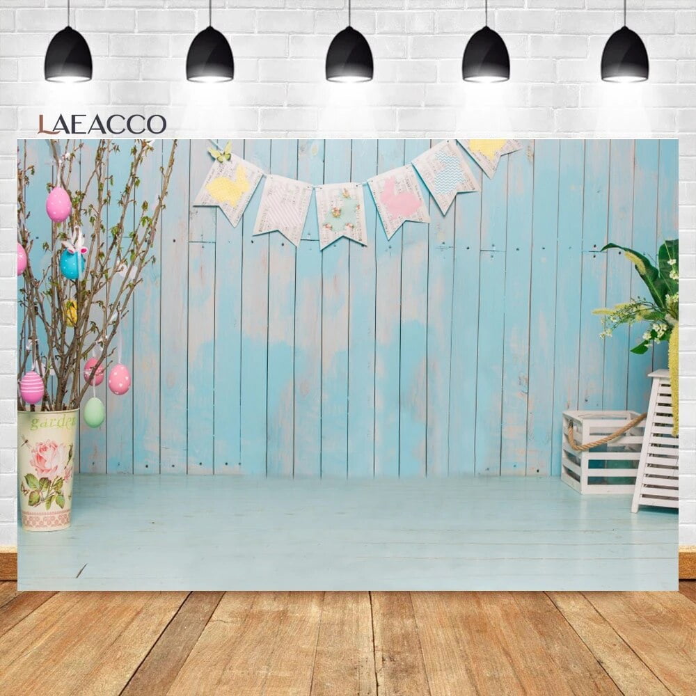 Laeacco Easter Backgrounds Wooden House Green Grass Flowers Easter Eggs ...