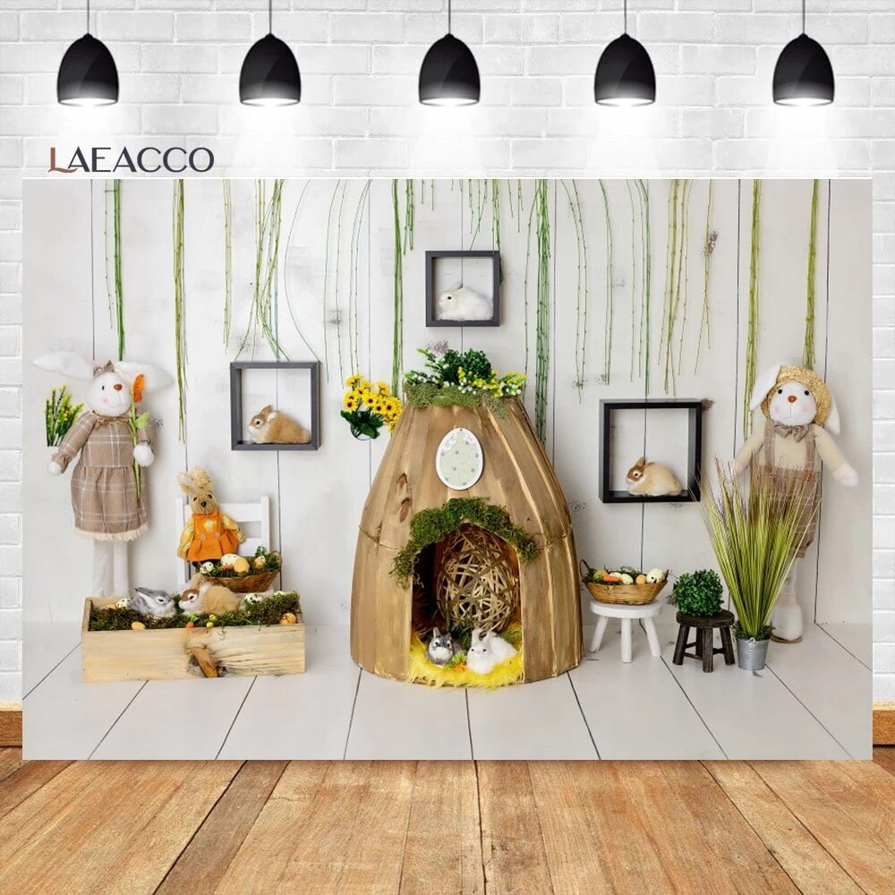 Laeacco Easter Backgrounds Wooden House Green Grass Flowers Easter Eggs ...