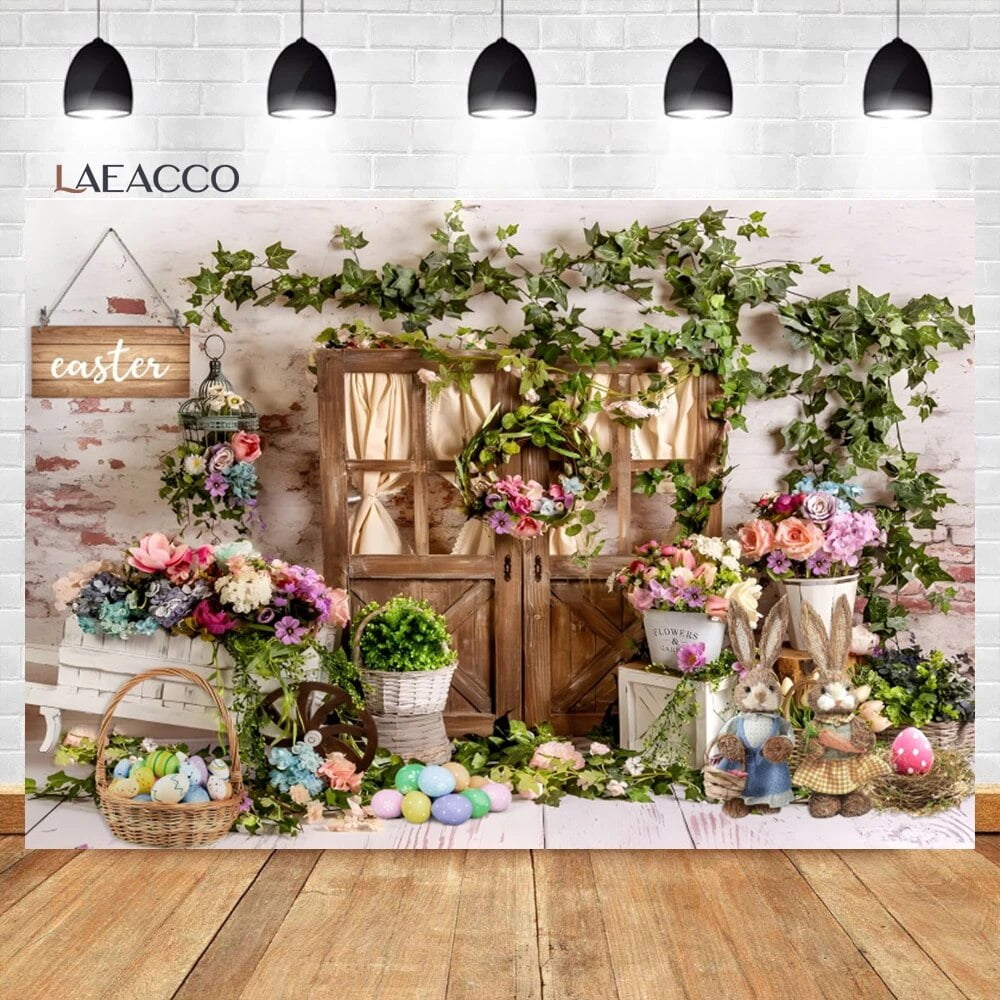 Laeacco Easter Backgrounds Wooden House Green Grass Flowers Easter Eggs ...