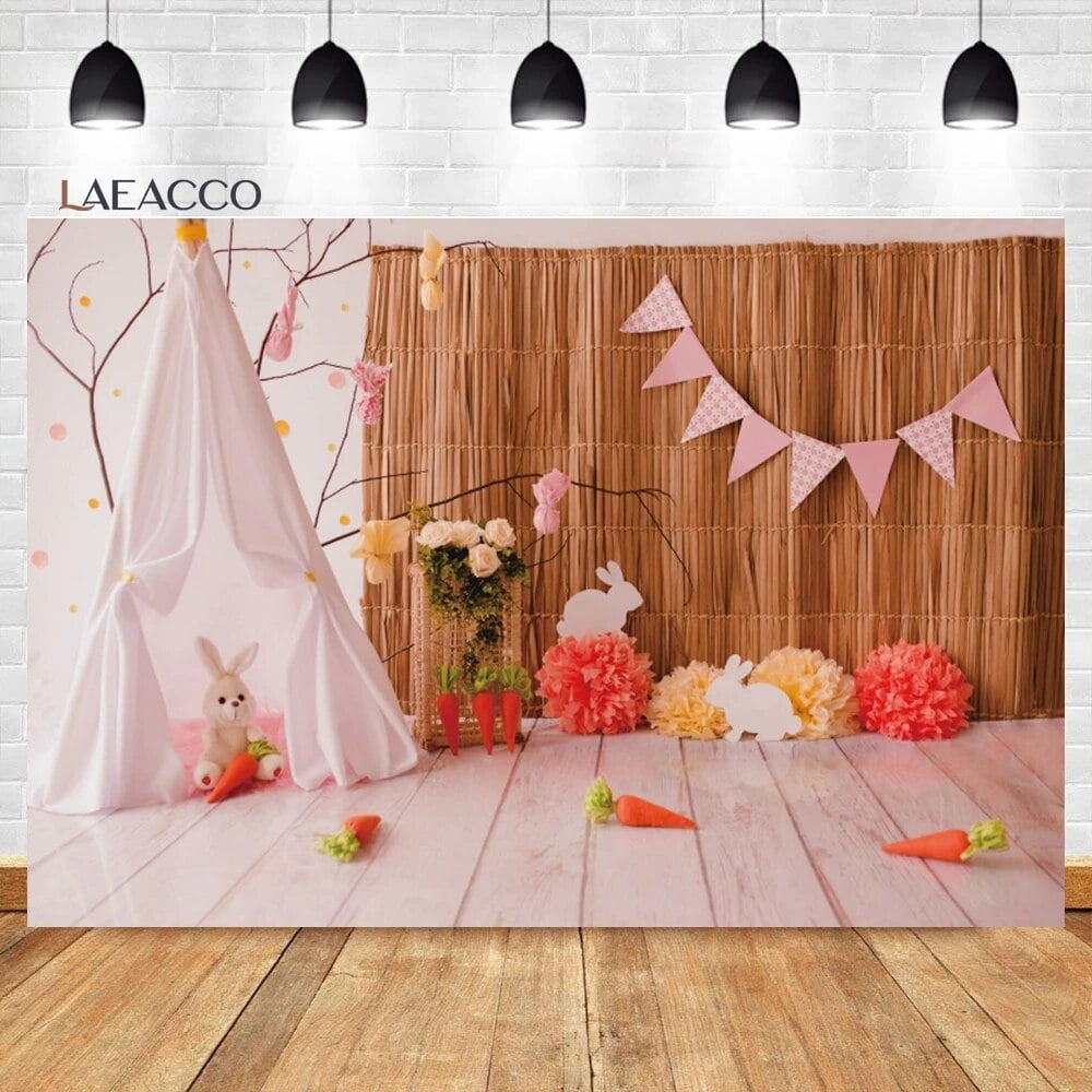 Laeacco Easter Backgrounds Wooden House Green Grass Flowers Easter Eggs ...